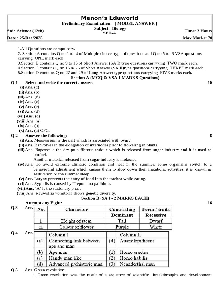 12th Grade Biology Exam Model Answers | PDF | Atrium (Heart) | Coagulation