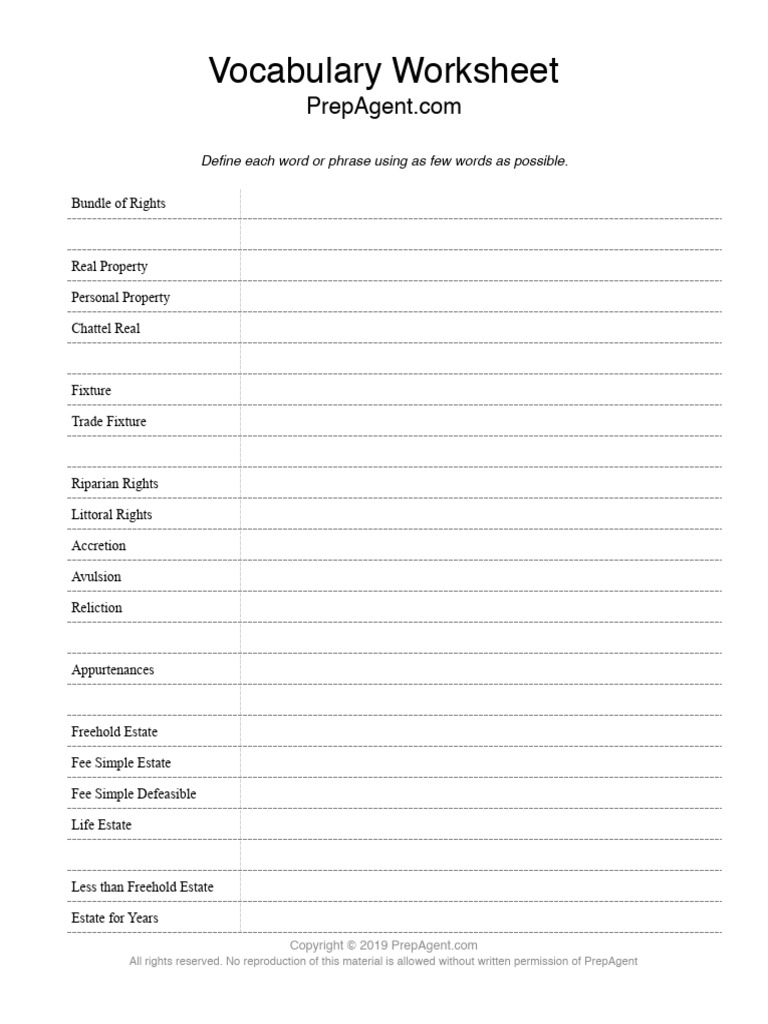 Real Estate Vocabulary Worksheet | PDF | Lease | Fee Simple