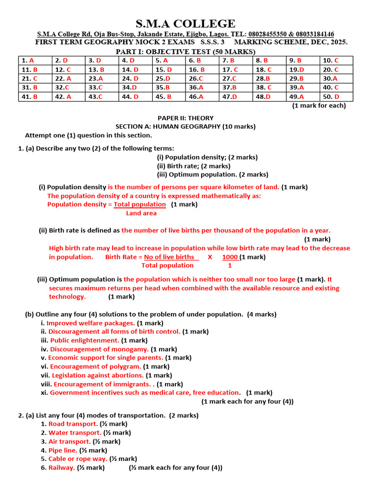 S.S.S. 3 Geography Mock Exam Marking Scheme | PDF | Rock (Geology ...