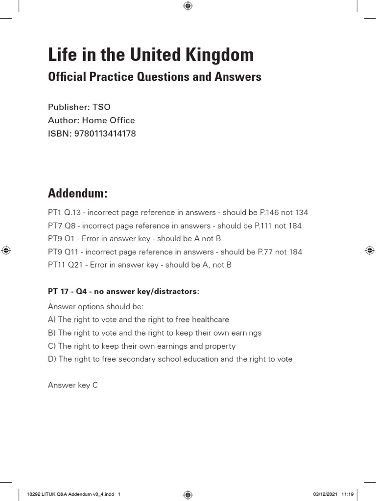 Life in the United Kingdon Questions and Answers Addendum | PDF