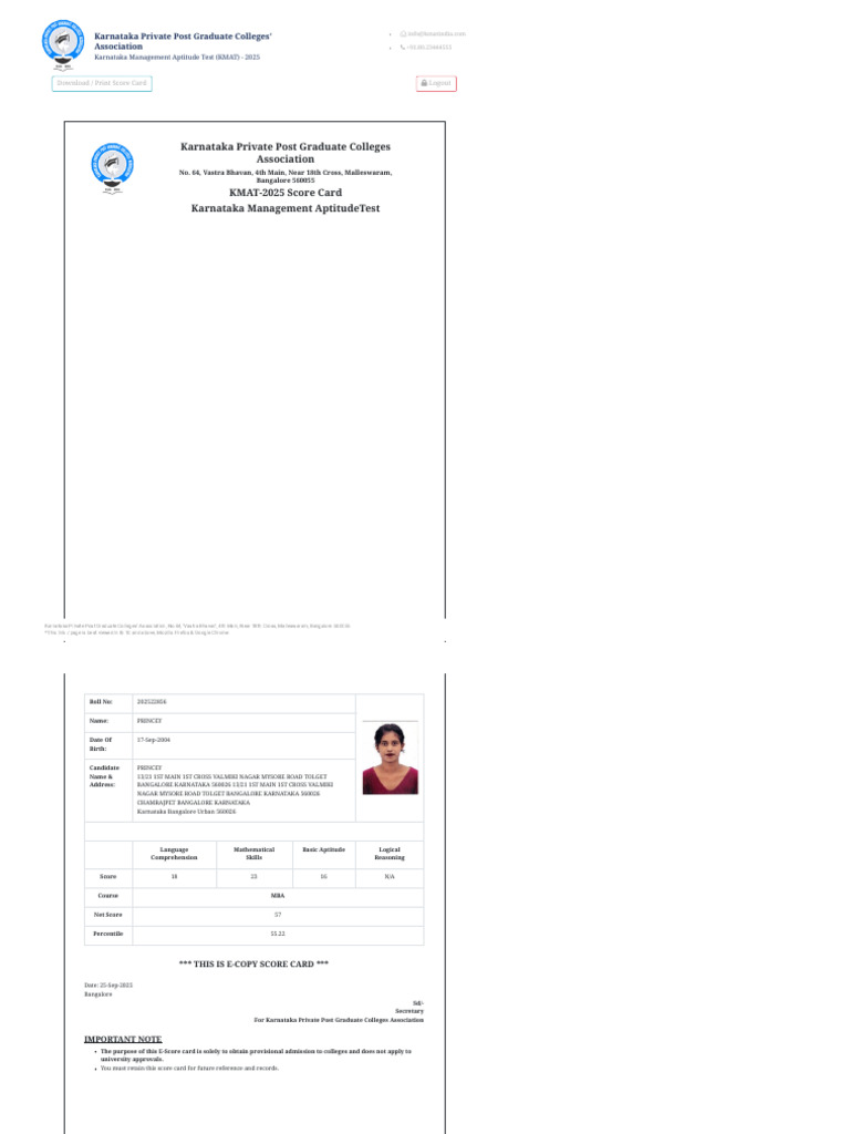 KMAT 2025 Score Card Princey | PDF | Educational Stages | Student ...