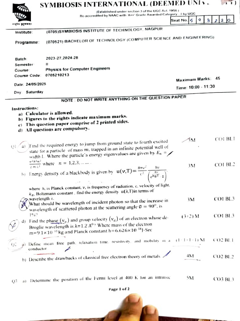 Physics Exam Paper for Computer Engineers | PDF | Wavelength | Electron