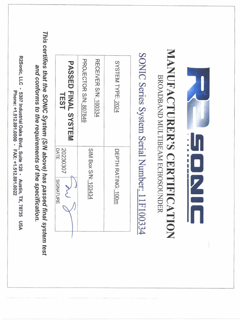 R2SONIC Certificate | PDF