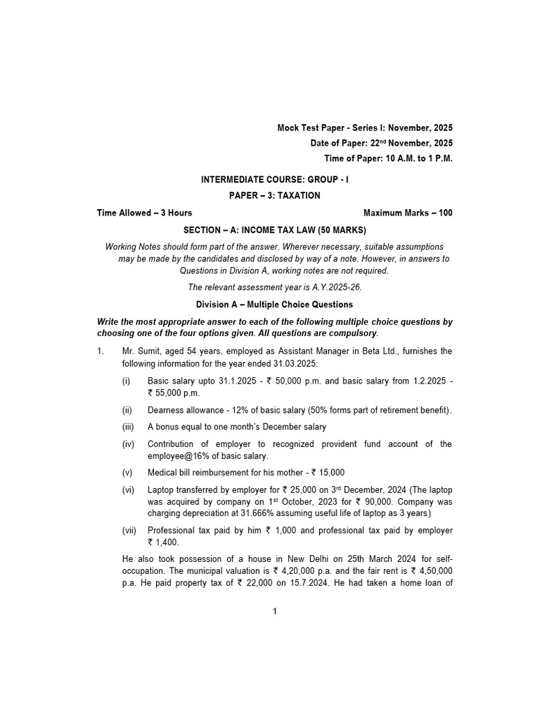 November 2025 Taxation Mock Test Paper | PDF | Expense | Payments