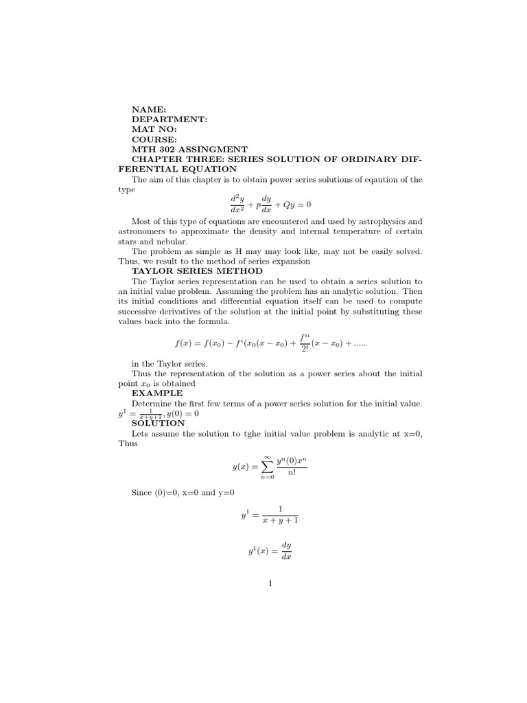 MTH 302 ASS | PDF | Equations | Power Series