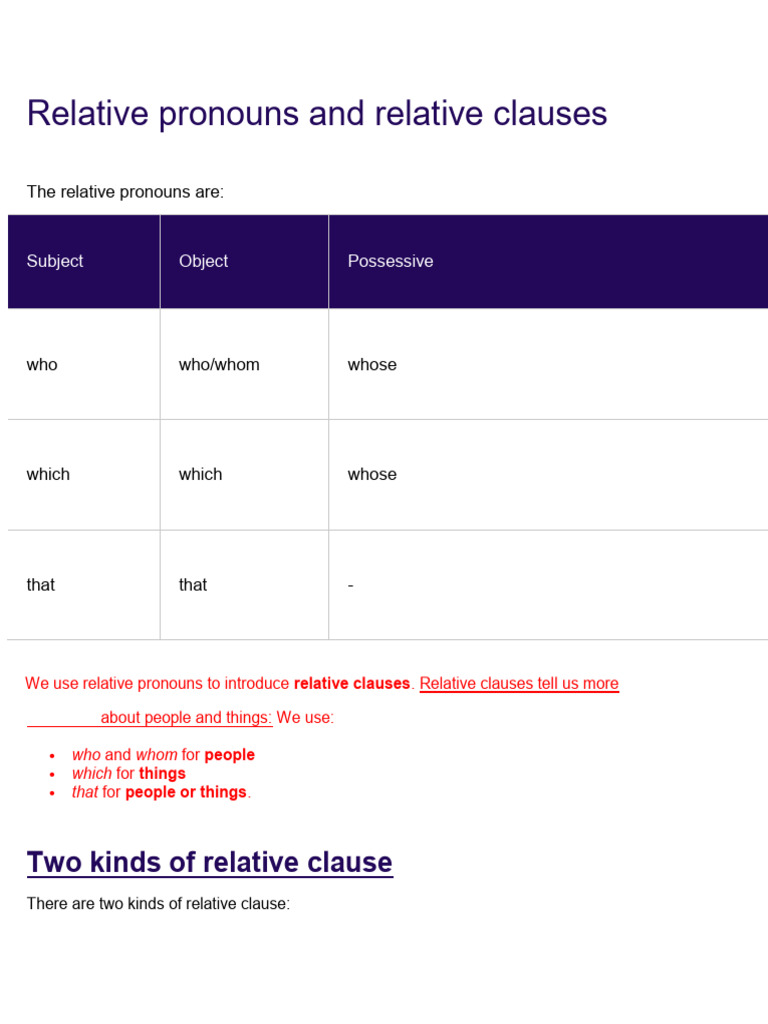 Understanding Relative Pronouns & Clauses | PDF | Sentence (Linguistics ...