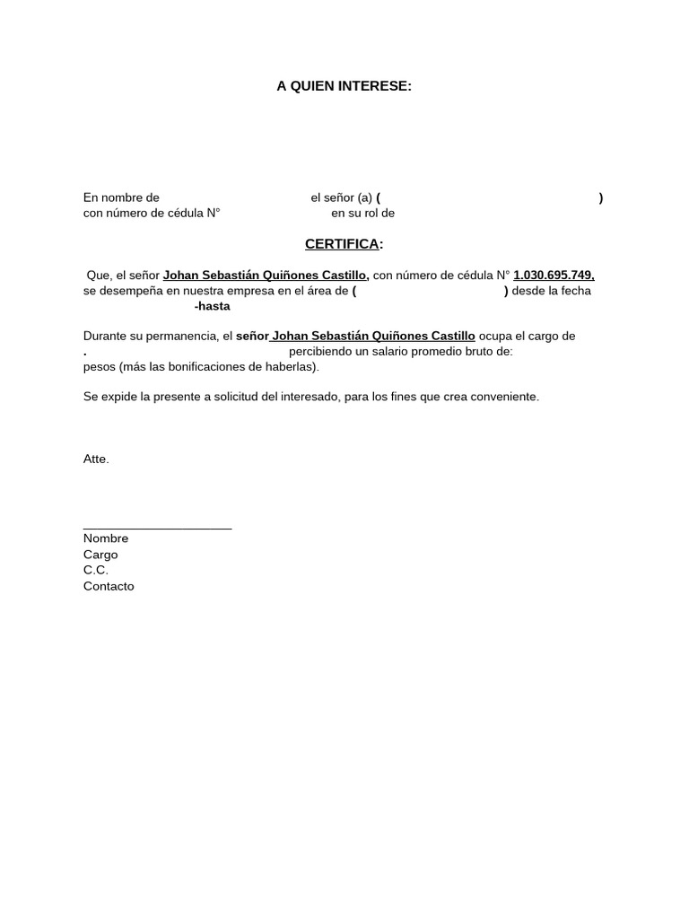 Certificación Laboral de Johan Quiñones | PDF