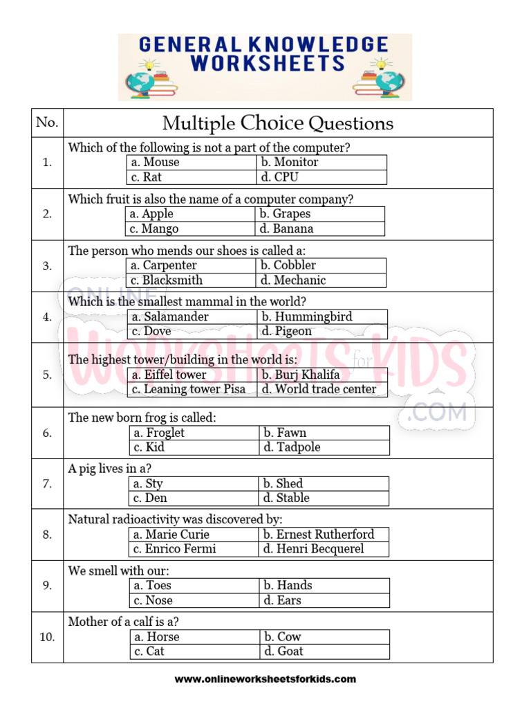 General Knowledge Worksheets For Grade 1-1 | PDF