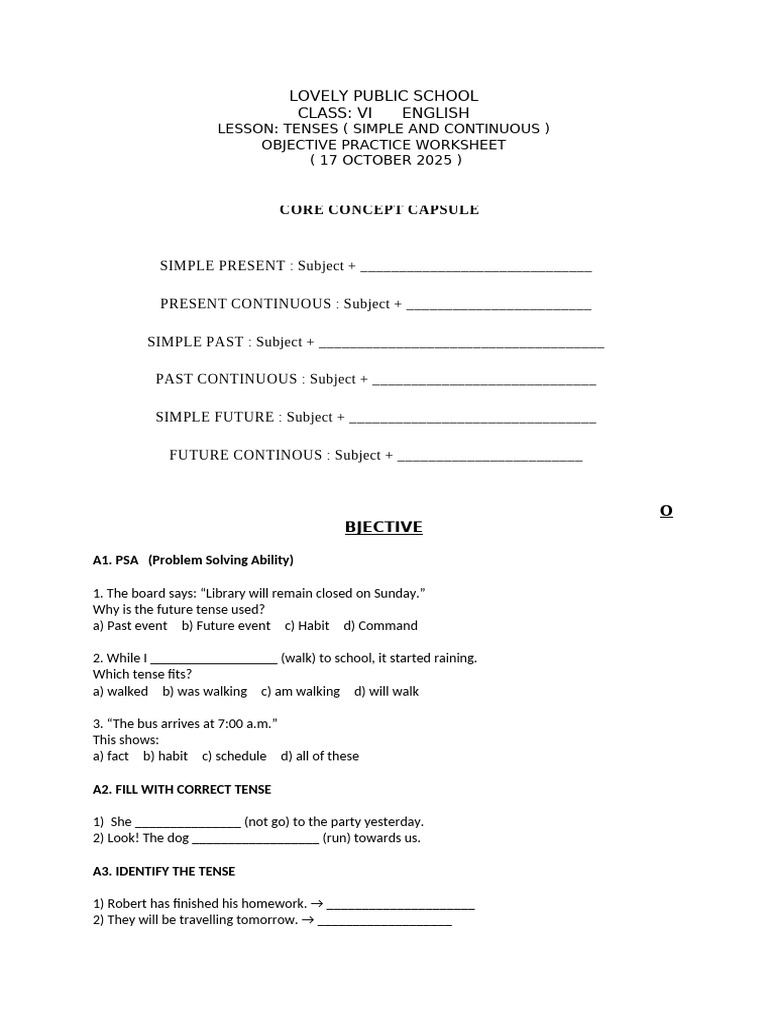 Tenses Practice Worksheet for Class VI | PDF | Grammatical Tense ...