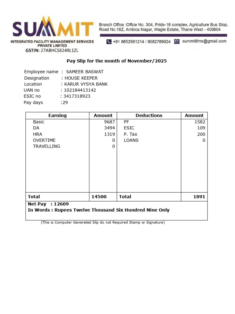 Pay Slip for the Month of November_Sameer Baswat | PDF