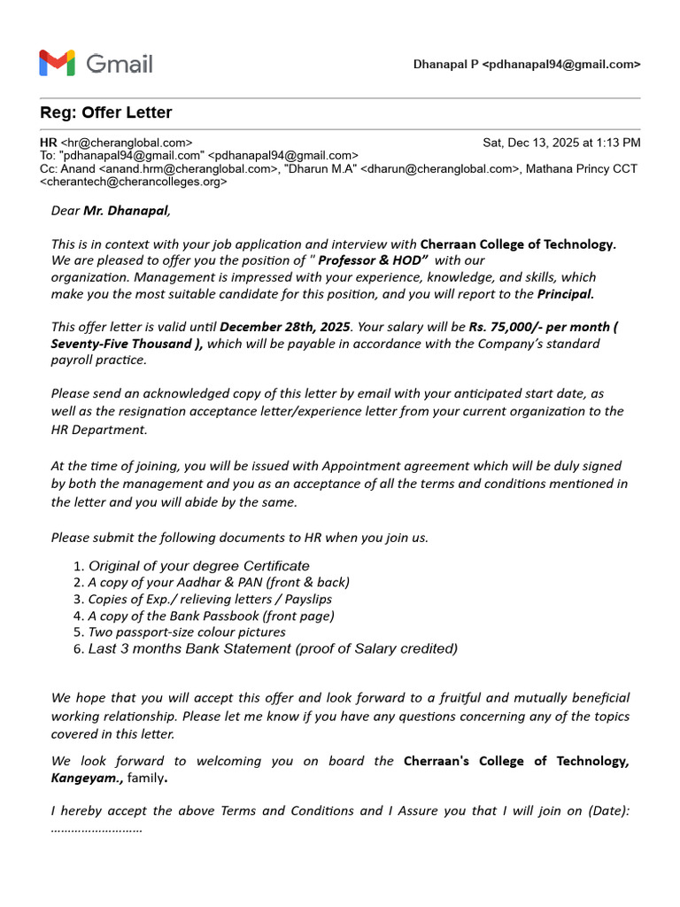 Cherraan College Job Offer Letter | PDF