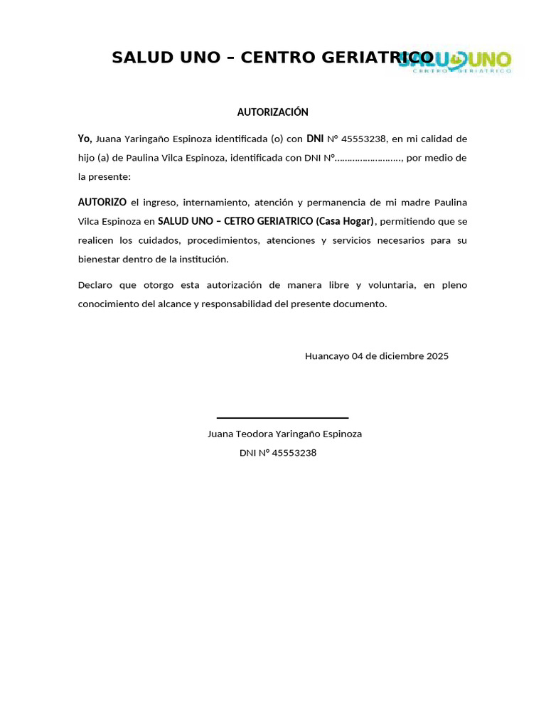 Autorización de Internamiento Geriátrico | PDF