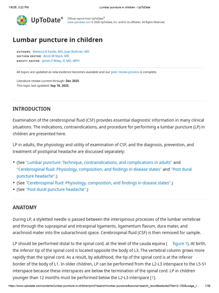 Lumbar Puncture in Children - UpToDate | PDF | Cerebrospinal Fluid ...