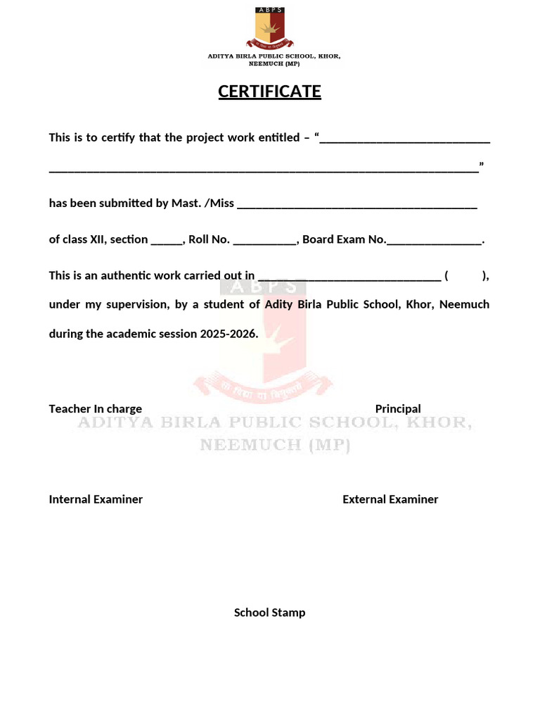 Class XII Project Certificate Template | PDF