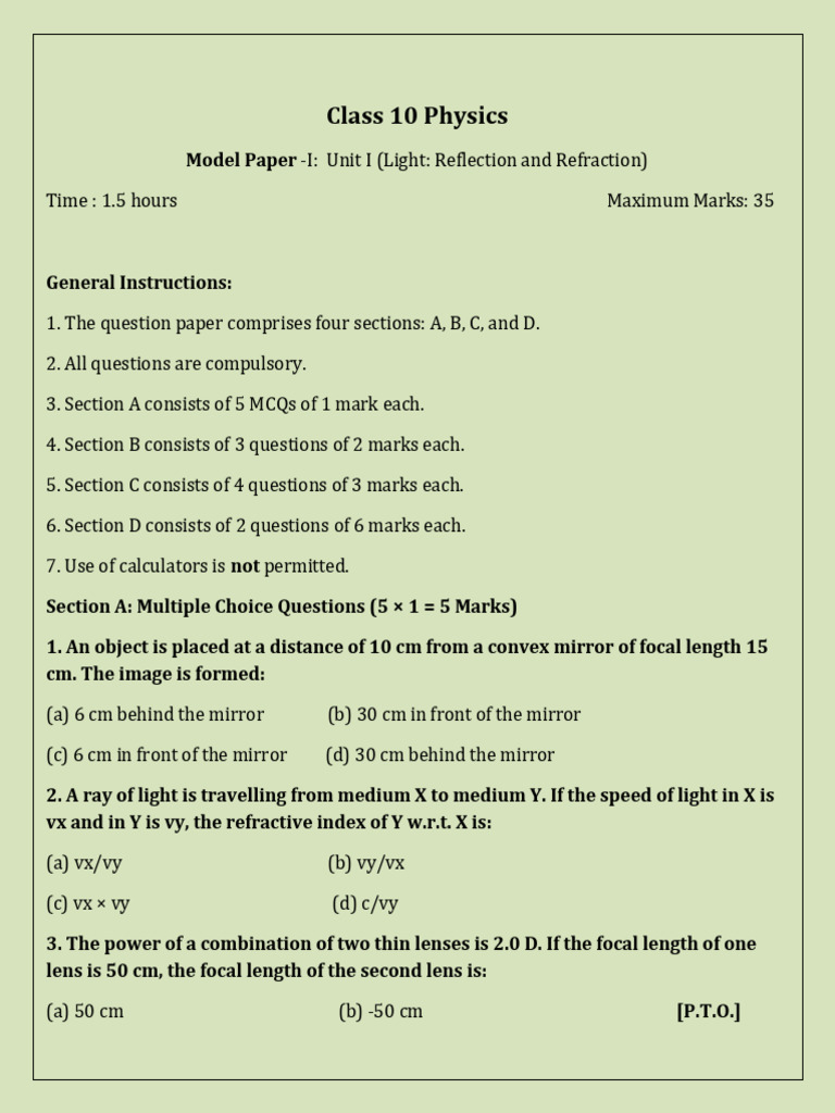 Class10 Physics Model Paper 1 | PDF | Electrodynamics | Atomic