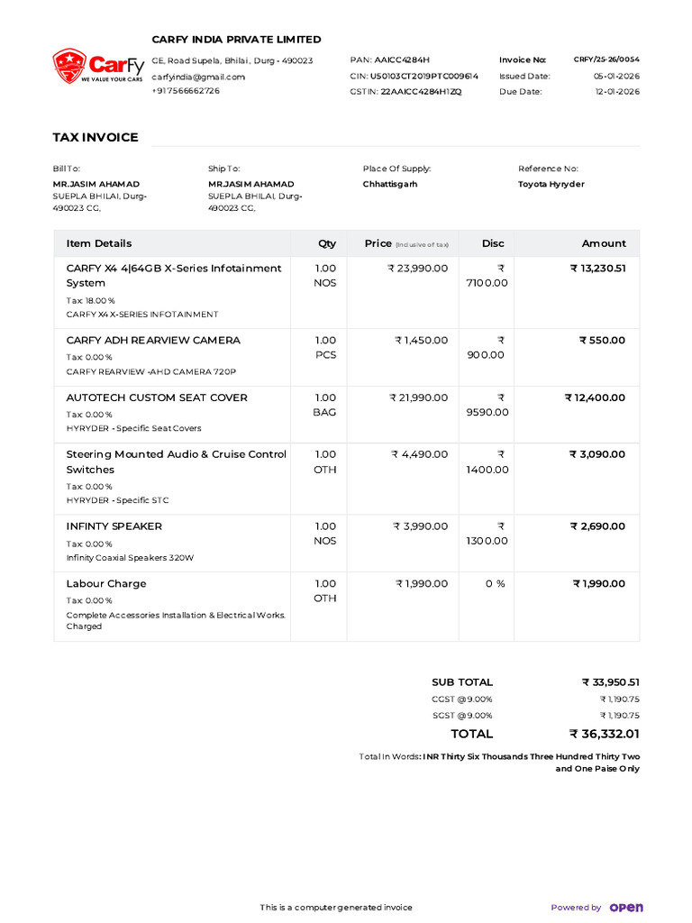 Carfy India Invoice for Auto Accessories | PDF | Motor Vehicle ...
