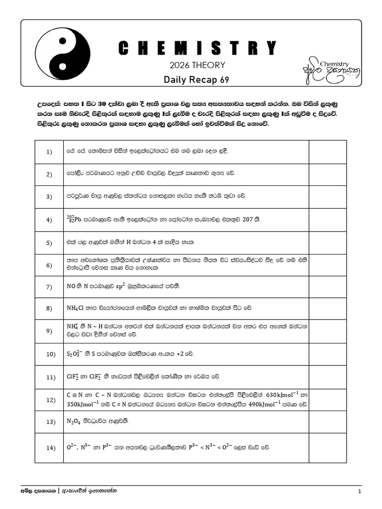 Chemistry Daily Recap 69 Summary | PDF