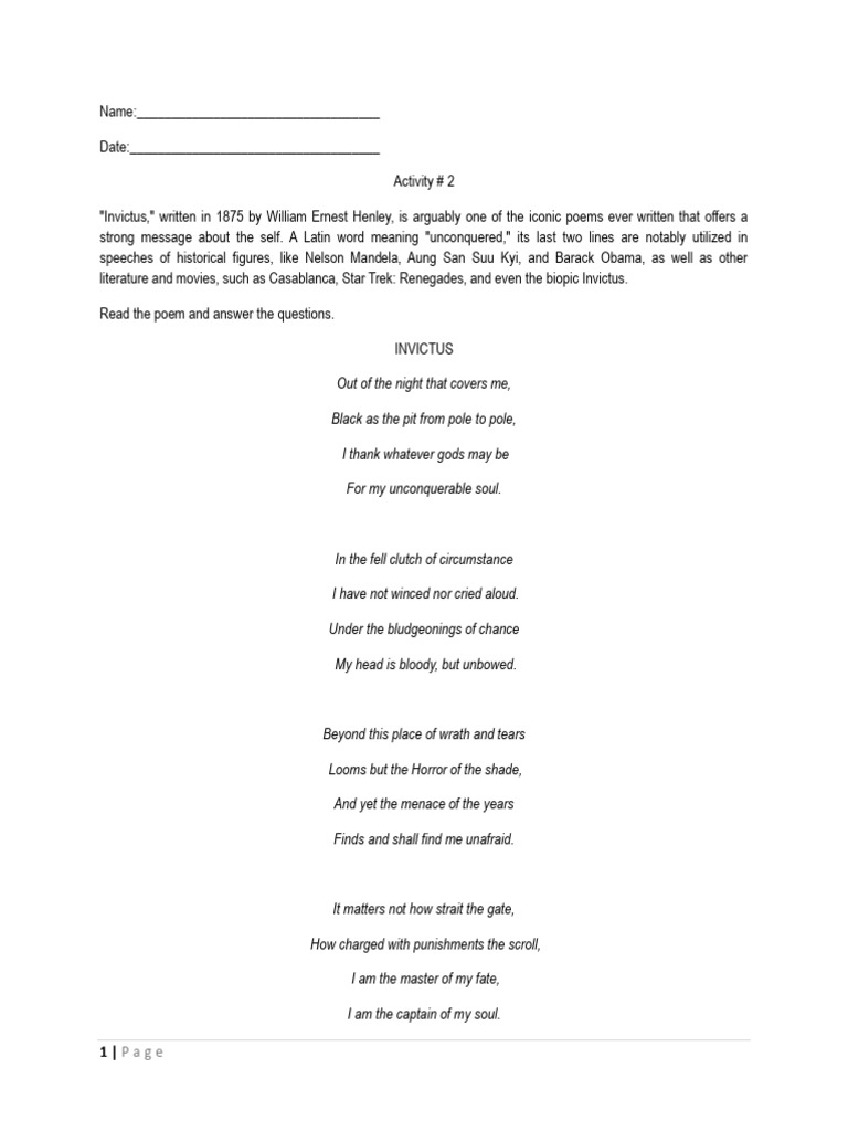 Analysis of "Invictus" Poem Themes | PDF