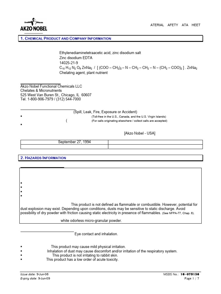 Dissolvine® E-ZN-15 MSDS Overview | PDF | Toxicity | Occupational Hygiene