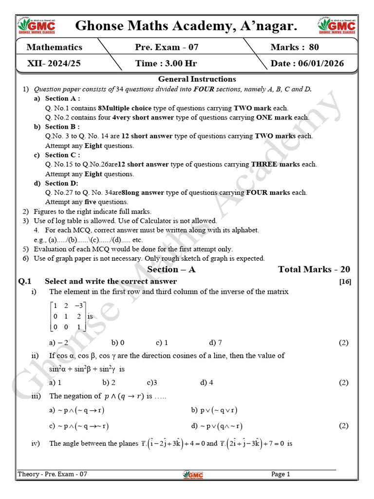 Sample Board Pre Exam Paper | PDF | Multiple Choice | Mathematical Objects
