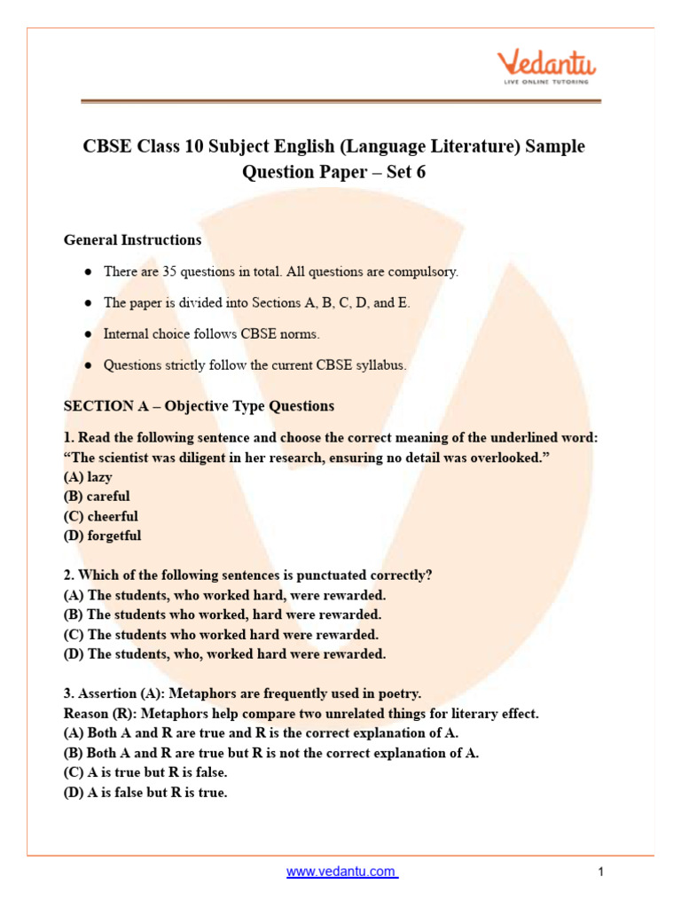 CBSE Class 10 English Sample Paper Set 6 | PDF | Poetry