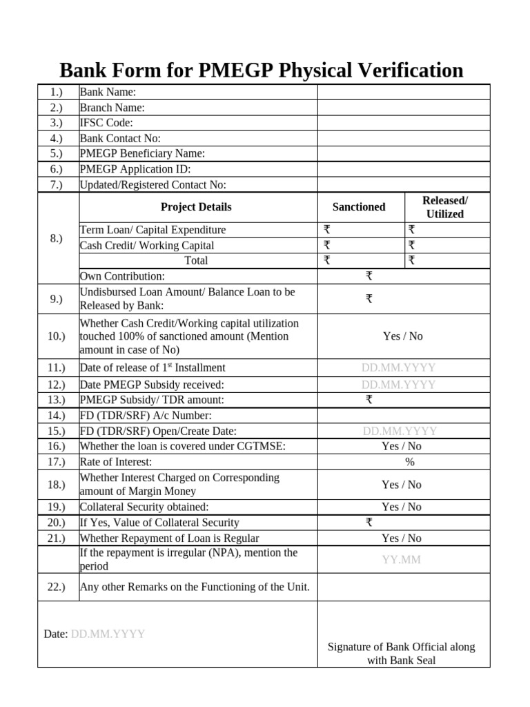 PMEGP Bank Verification Form Template | PDF
