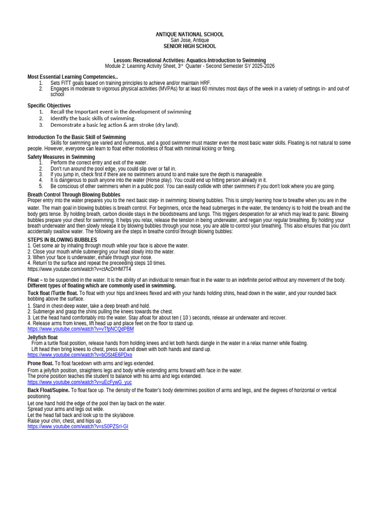 Swimming Basics: Skills and Safety Guide | PDF | Swimming | Breathing