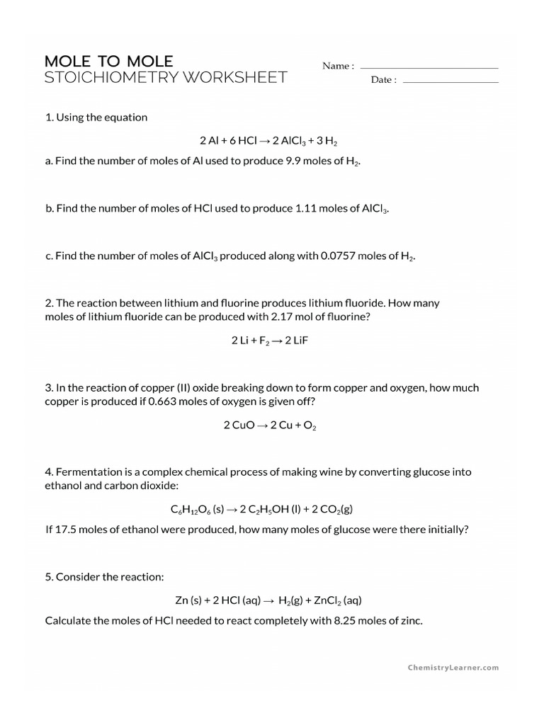 Mole Mole Problems Stoichiometry Worksheet With Answer Key | PDF
