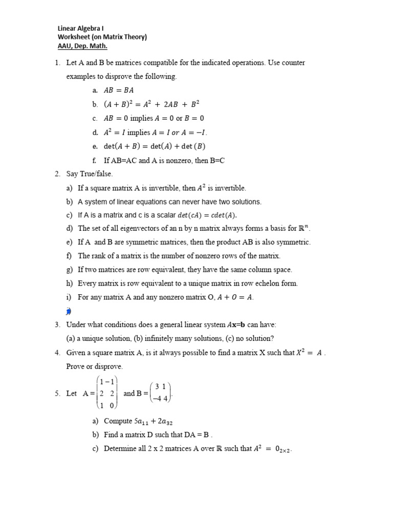 Matrix Theory Worksheet for Linear Algebra | PDF | Matrix (Mathematics ...
