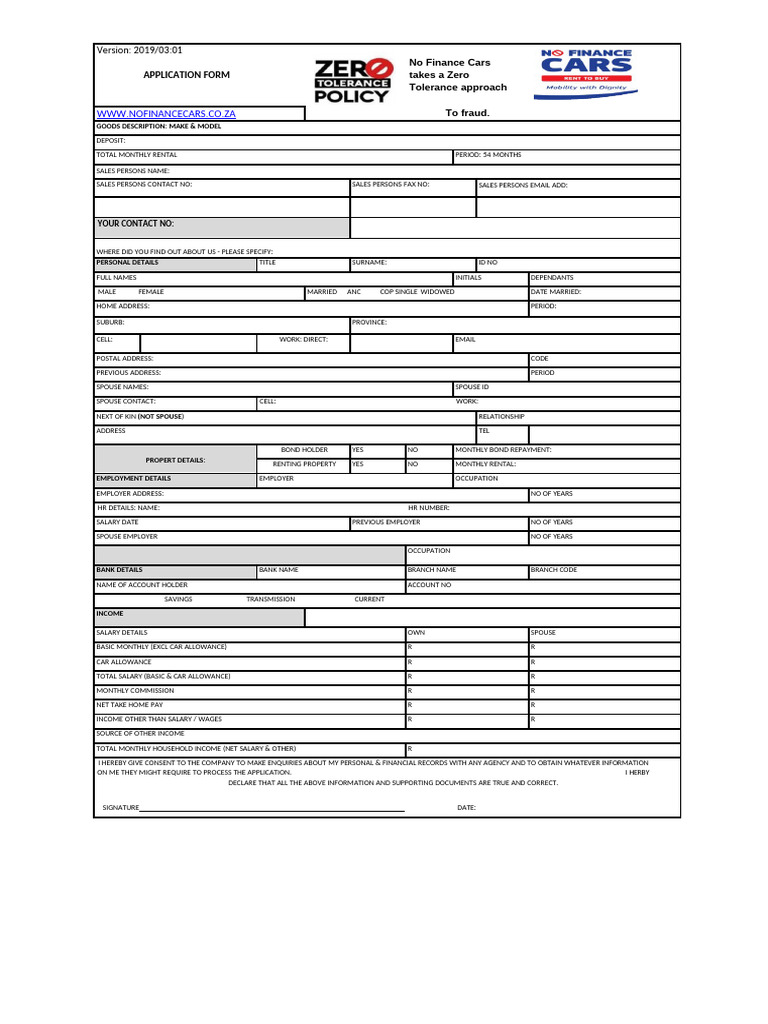 No Finance Cars Application Form | PDF | Economies