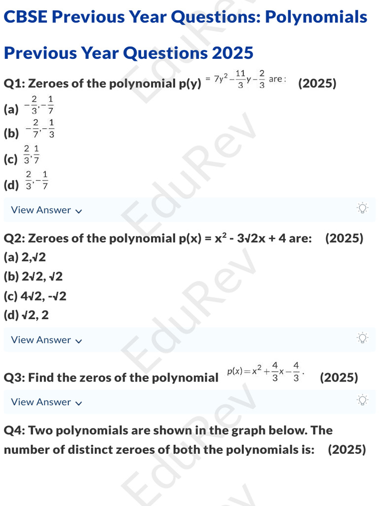 CBSE Polynomials: Previous Year Questions | PDF | Zero Of A Function ...