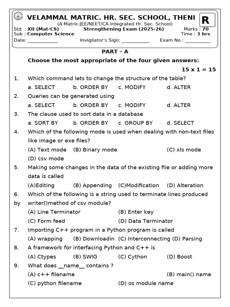 XII - Computer Science (Mat-CS) - (R) | PDF | Table (Database) | Sql