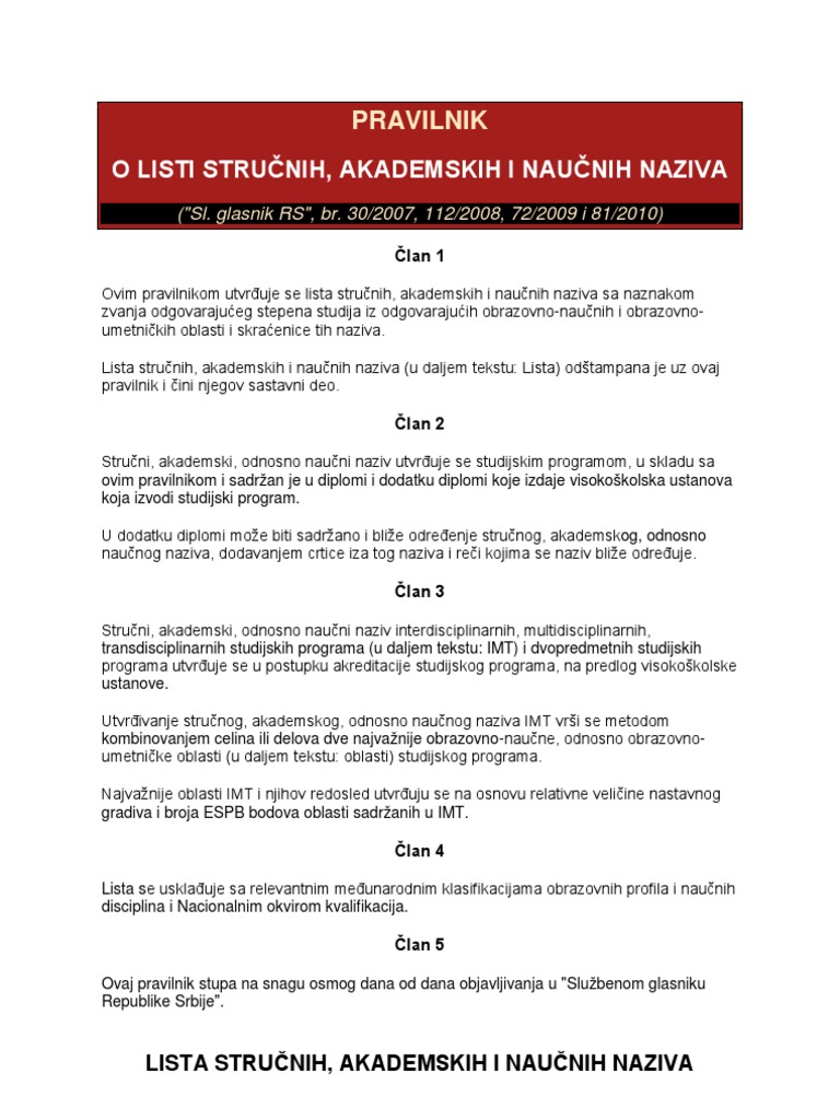 Pravilnik o Listi Strucnih Akademskih I Naucnih Naziva | PDF