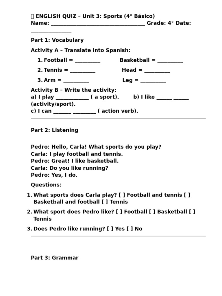 quiz unit 3_ 4° basico | PDF