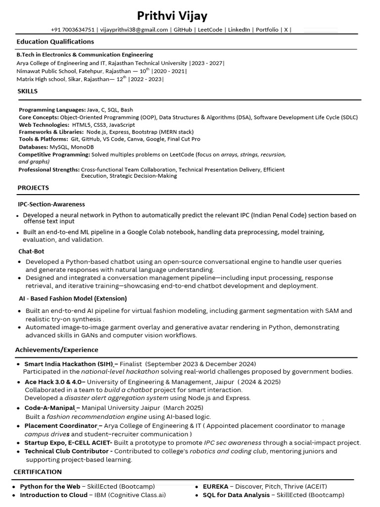 Prithvi Vijay Resume | PDF | Artificial Intelligence | Intelligence (AI) & Semantics
