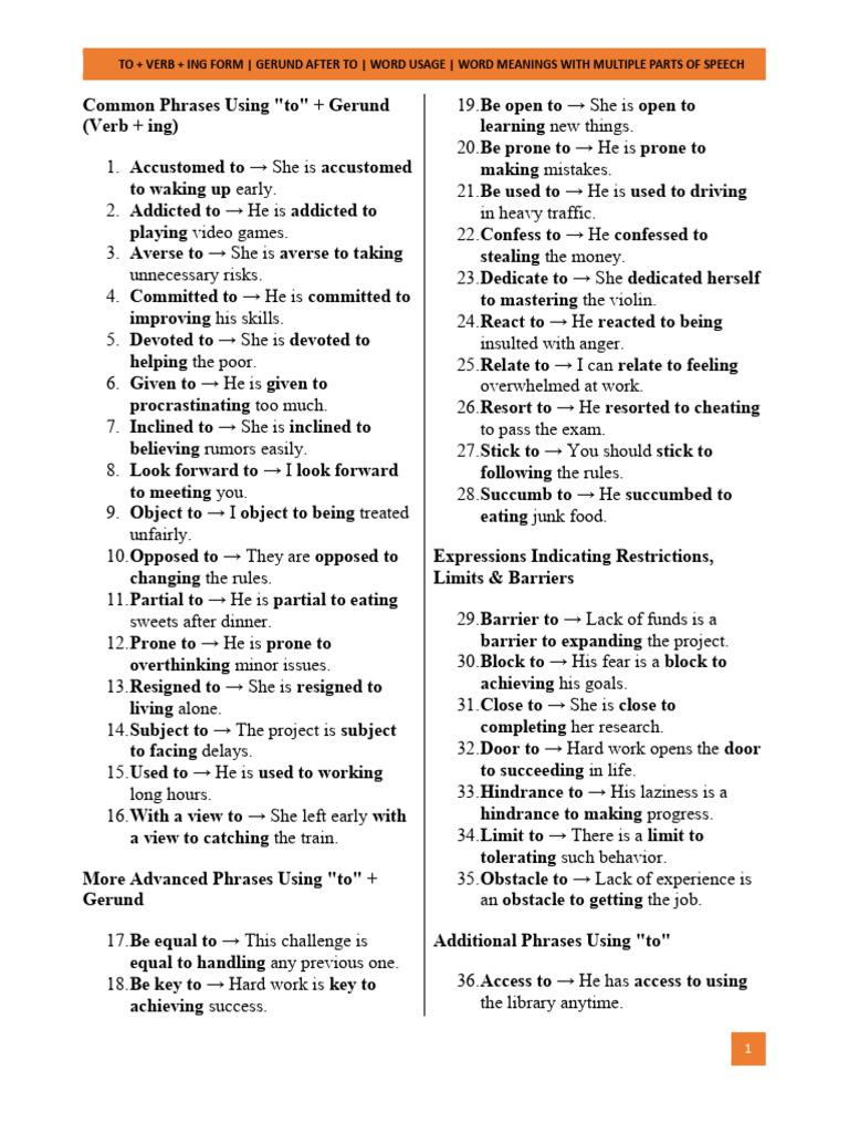 Common Phrases with "To" + Gerund | PDF | Part Of Speech | Verb