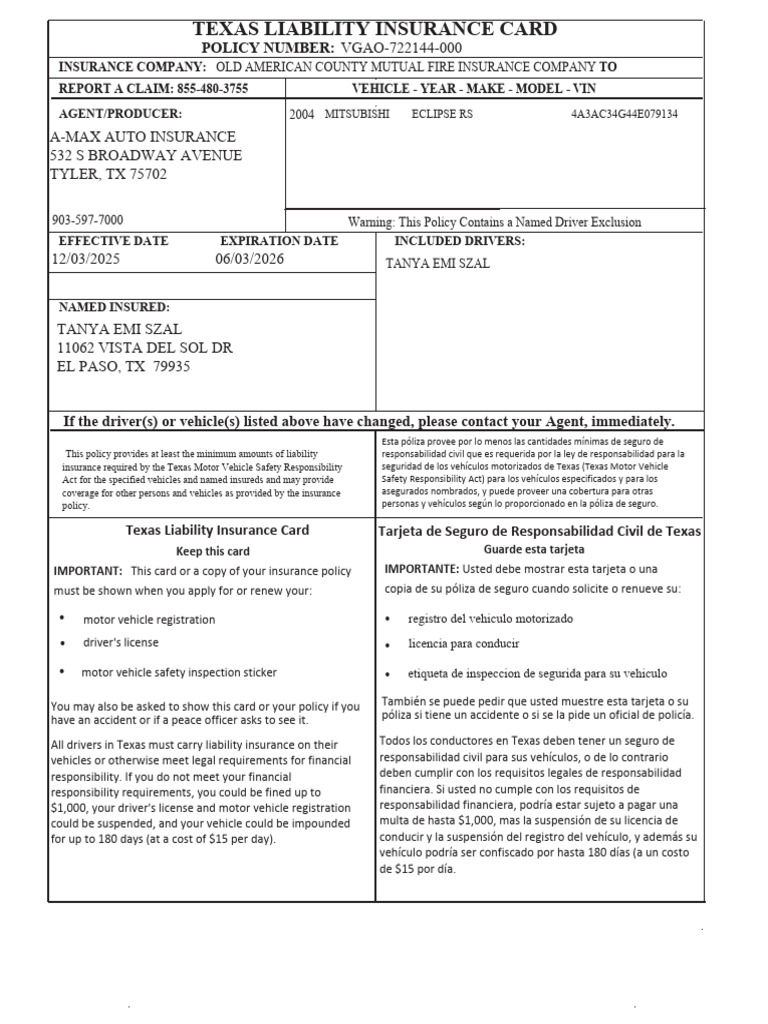 Tanya Ins Card | PDF | Car | Motor Vehicle