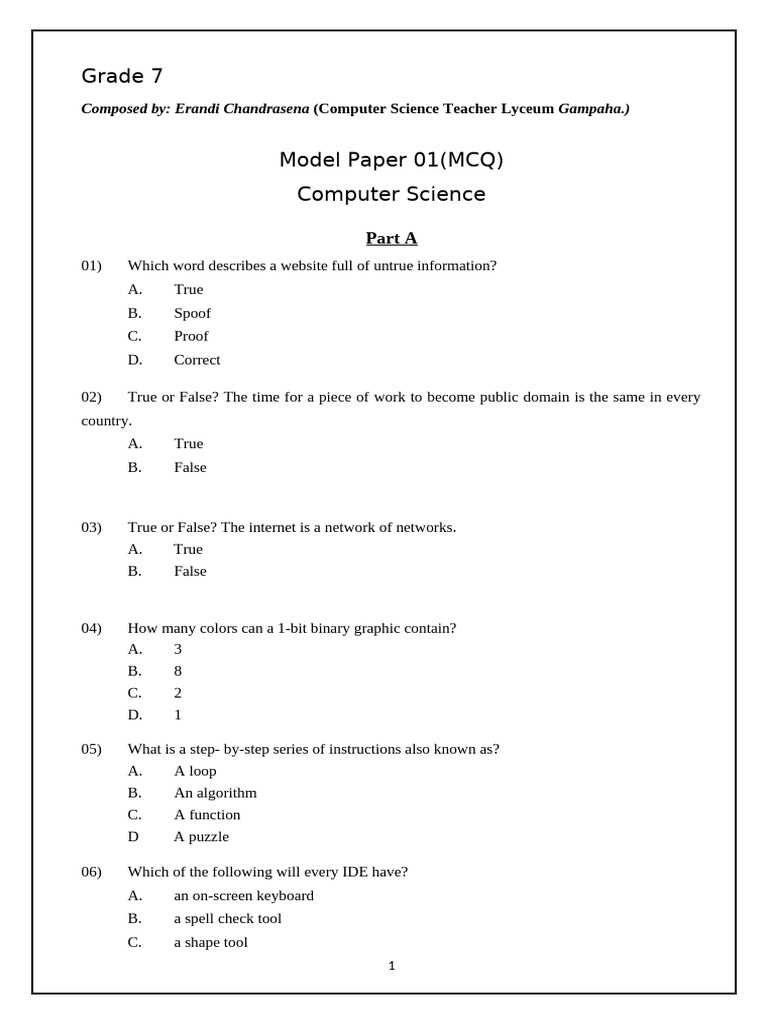 grade 7 - MCQ PAPER | PDF | Computer Programming | Bit