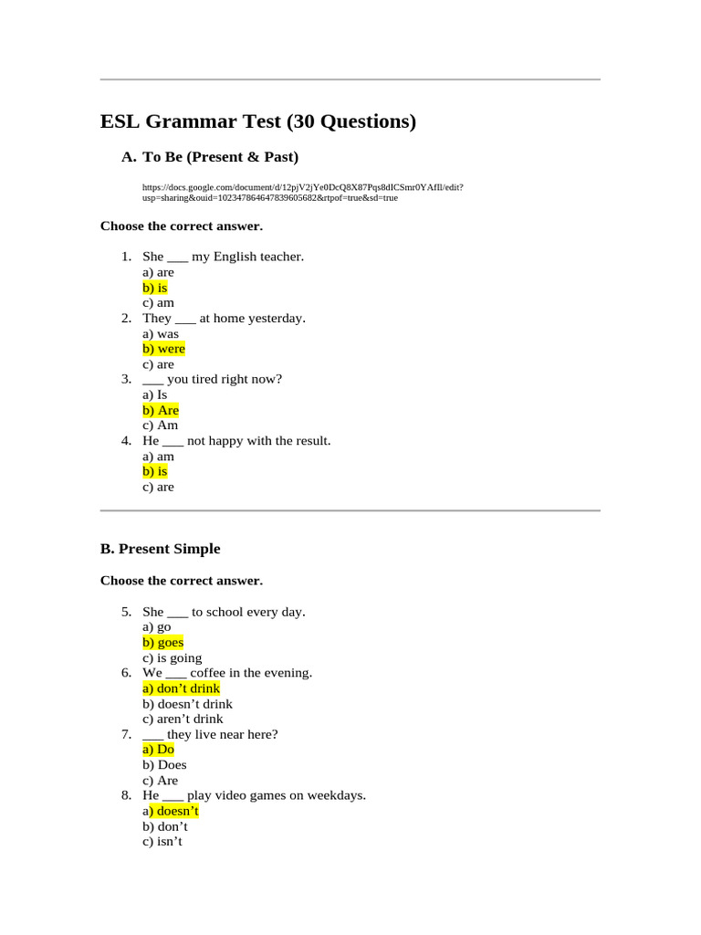 ESL Grammar Test Gabarito | PDF | Linguistics | Chess