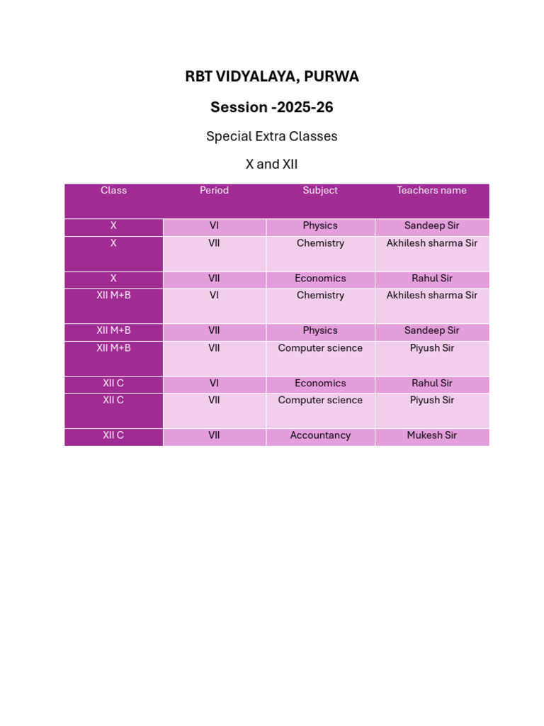 Extra Classes Schedule | PDF