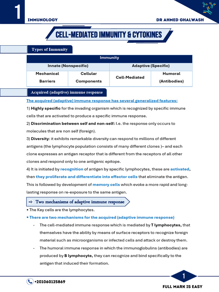 Cell-Mediated Immunity & Cytokines | PDF | T Cell | T Helper Cell