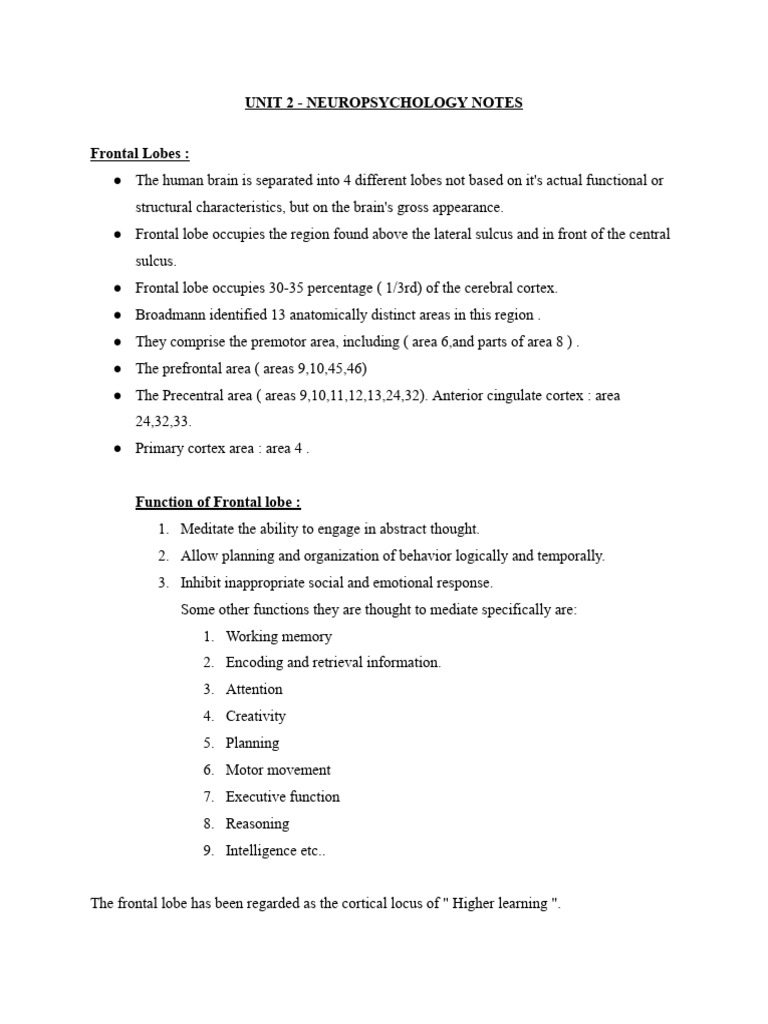 Frontal Lobe Neuropsychology Overview | PDF | Prefrontal Cortex | Memory