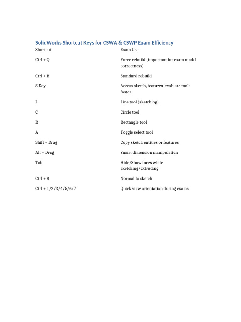 SolidWorks Exam Shortcut Keys Guide | PDF