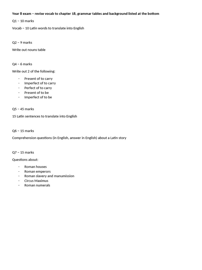Year 8 Latin Exam Revision Guide | PDF