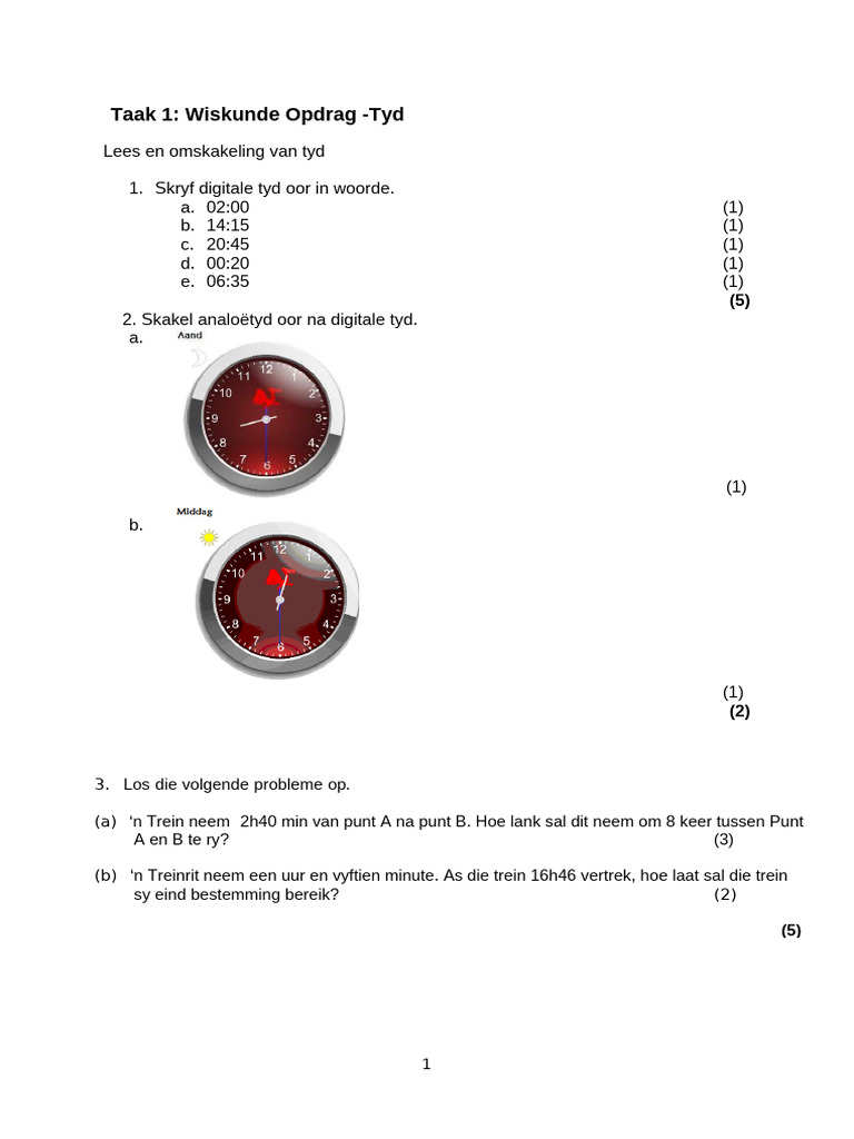 GR 5 Wiskunde Taak 1 Opdrag - Tyd | PDF