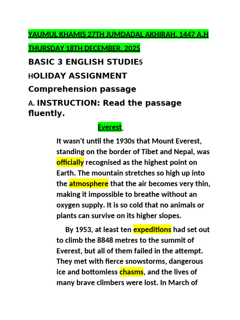 Everest Climbing Assignment for Students | PDF | Mount Everest | Grammar