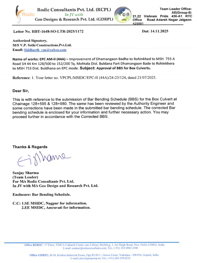 Letter No 1172. Approval of BBS For Box Culverts.44A. | PDF