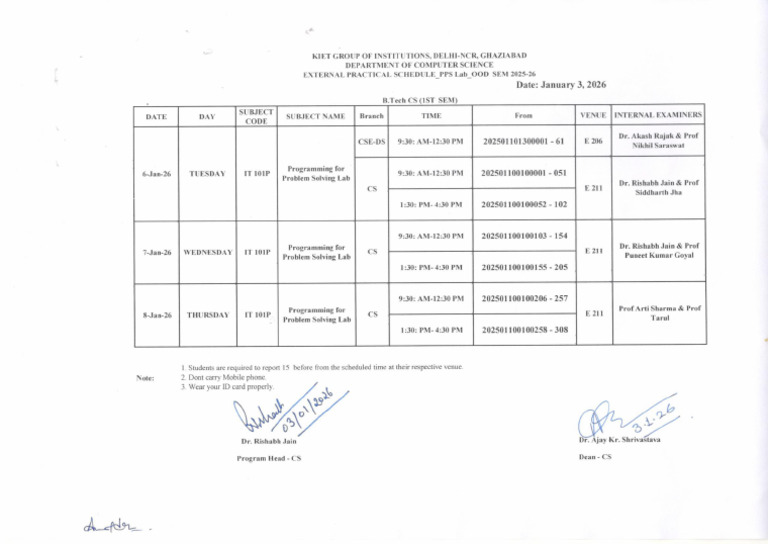 1st Year Practical Schedule, Odd Sem. (2025-26) | PDF