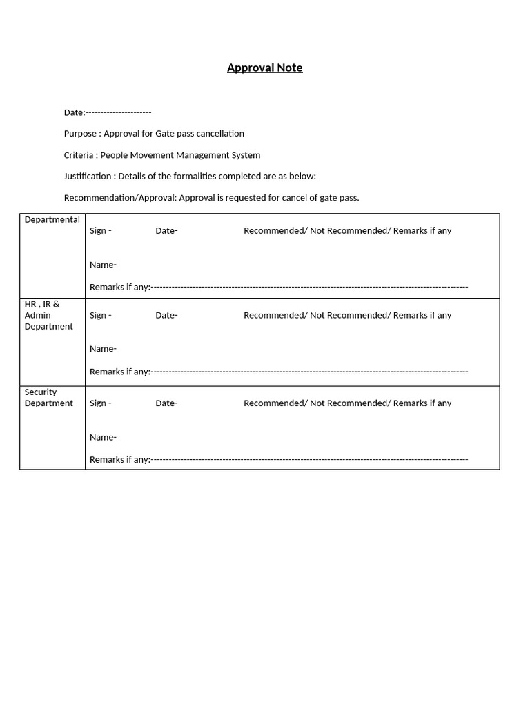 Gate Pass Cancellation Approval Note | PDF