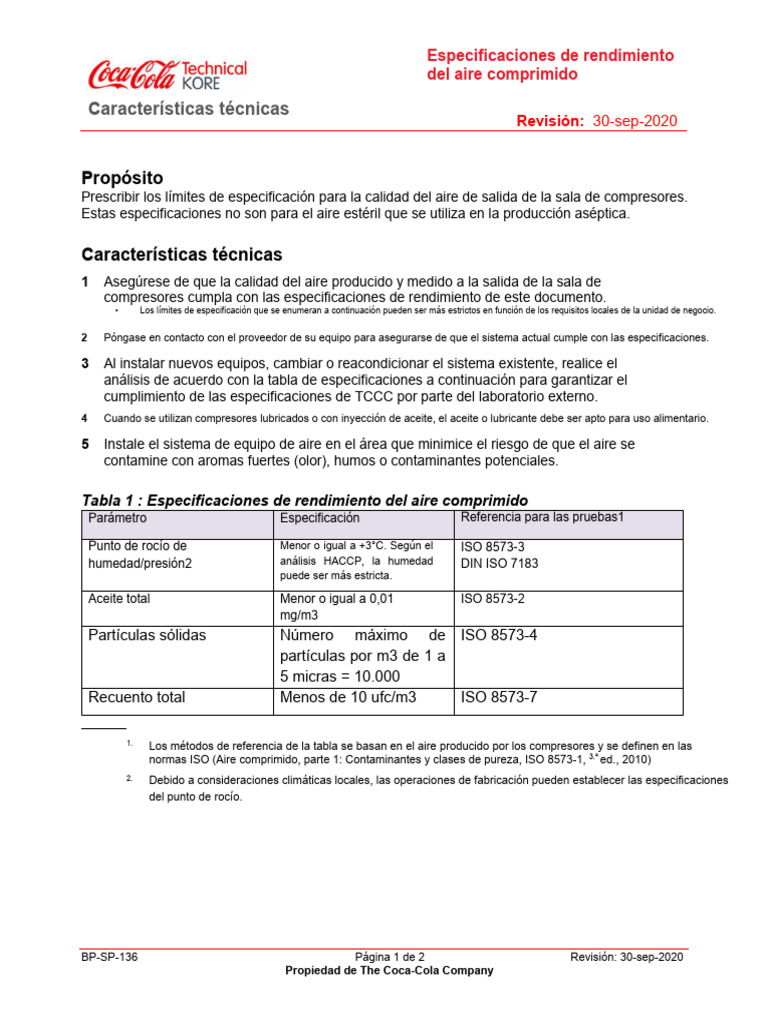 BP-SP-136 Compressed Air Performance Specifications | PDF | La contaminación del aire